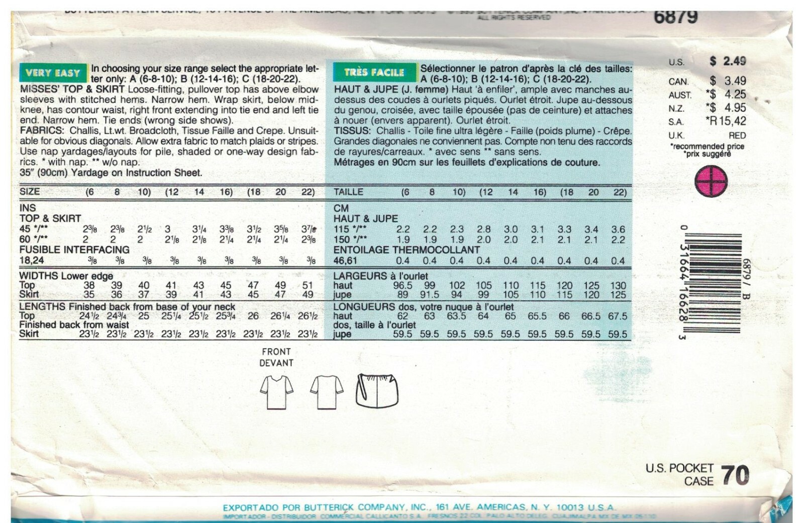 6879 Butterick SEWING Pattern Misses Loose Fitting Pullover Top Skirt ...