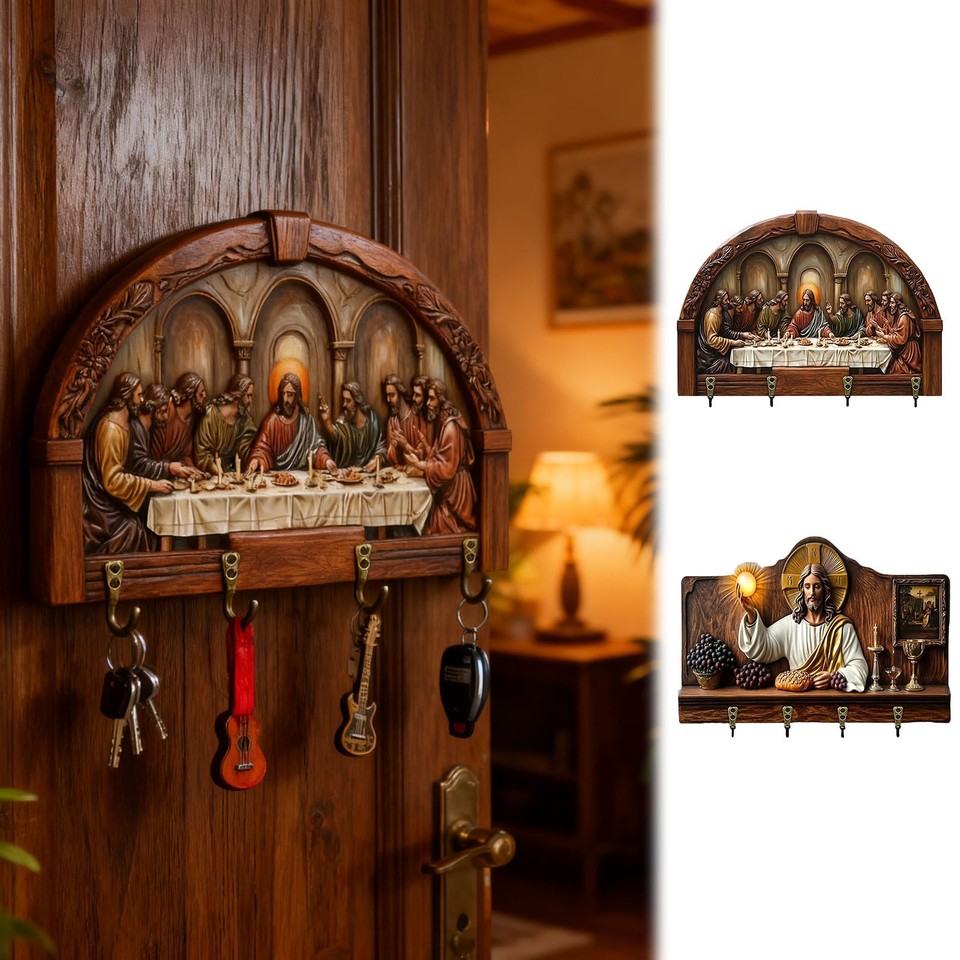 2026 New 2D Wooden Multifunctional Home Key Holder with Jesus Communion ...