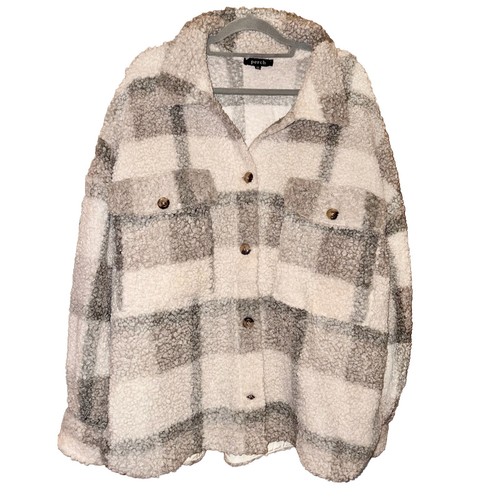 Perch Teddy Plaid Shirt Jacket Shacket Grey White Plus 1X | eBay