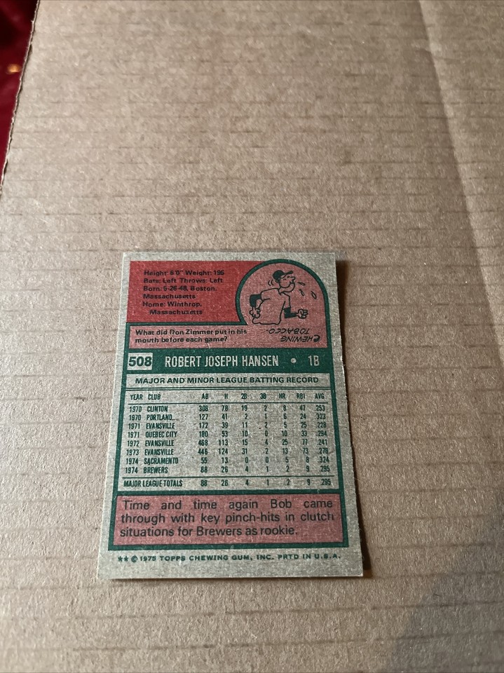 1975 Topps Bob Hansen Milwaukee Brewers 508 Mid Grade Free Shipping | eBay