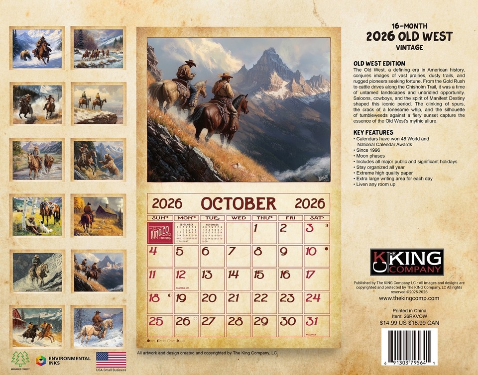 2026 Vintage Old West Wall Calendar 16-Month X-Large Size 14x22 | FREE ...