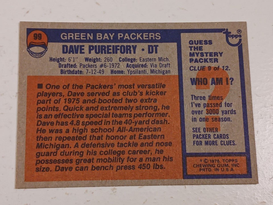 Dave Pureifory Green Bay Packers 1976 Topps Card #99 | eBay