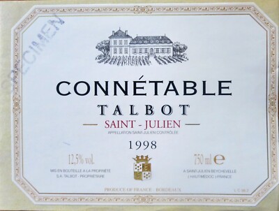 Etiquettes vin FRANCE CONNETABLE TALBOT Saint Julien 1998 wine labels ...
