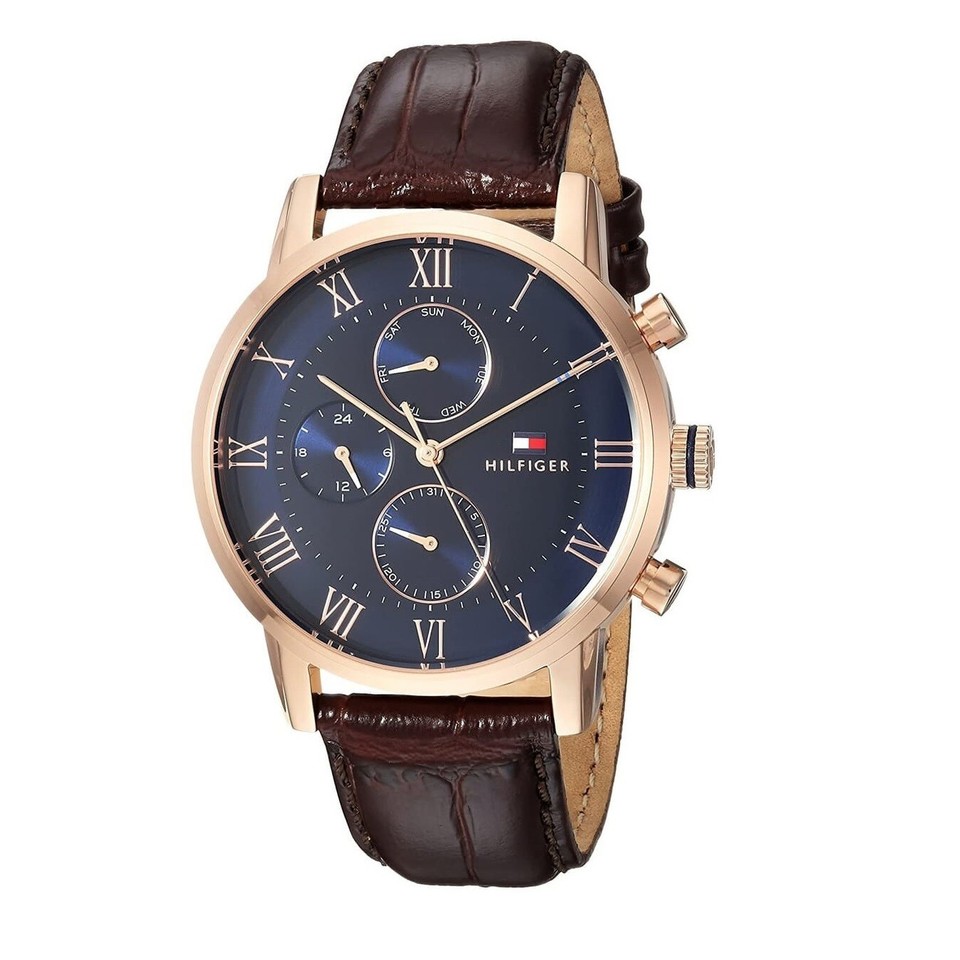 NEW GENUINE TOMMY HILFIGER 1791399 KANE BLUE DIAL LEATHER BROWN STRAP ...