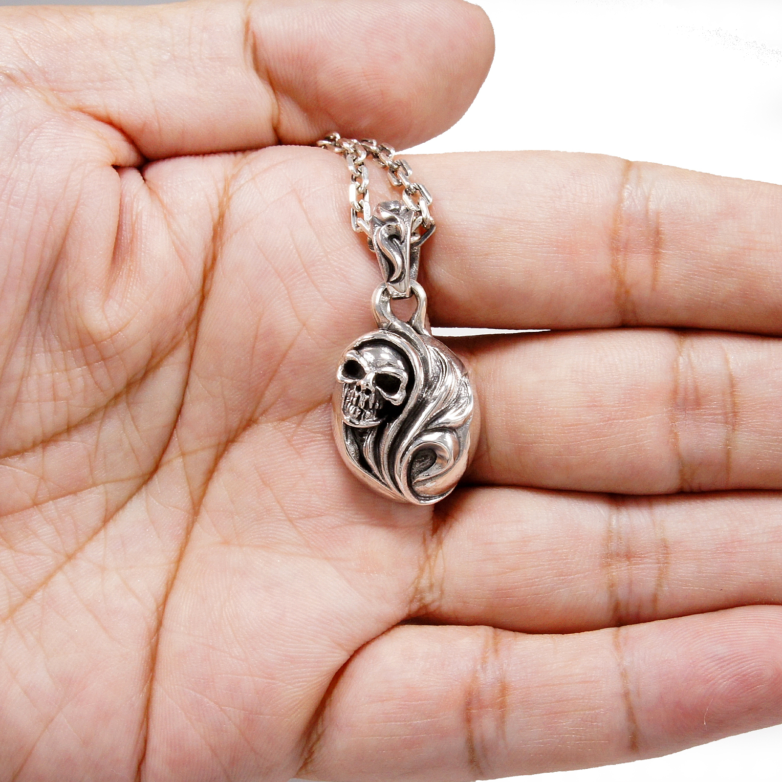 LONG HAIR SKULL 925 STERLING SILVER GHOST GOTHIC BIKER ROCKABILLY ...