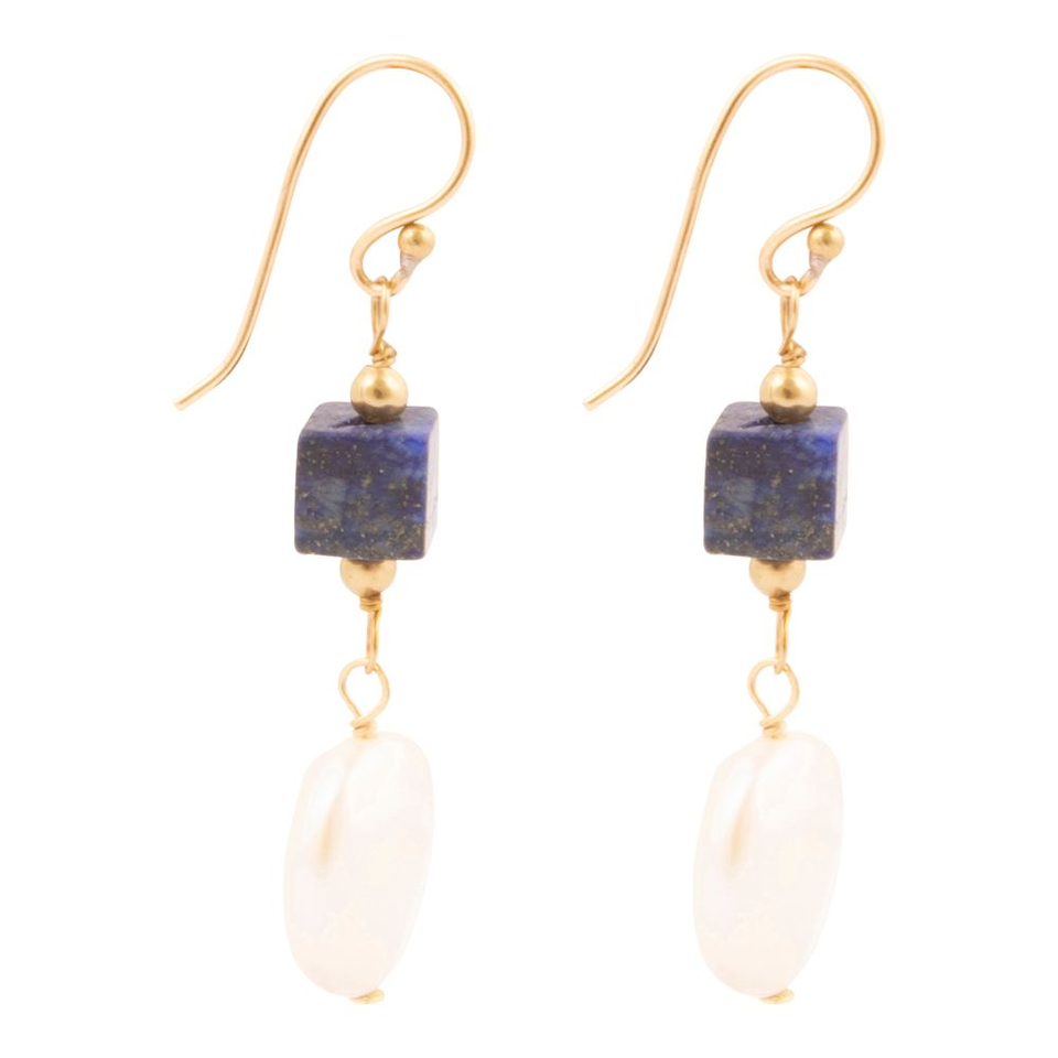 Denim Blue Lapis and Pearl Golden Drop Earrings | eBay