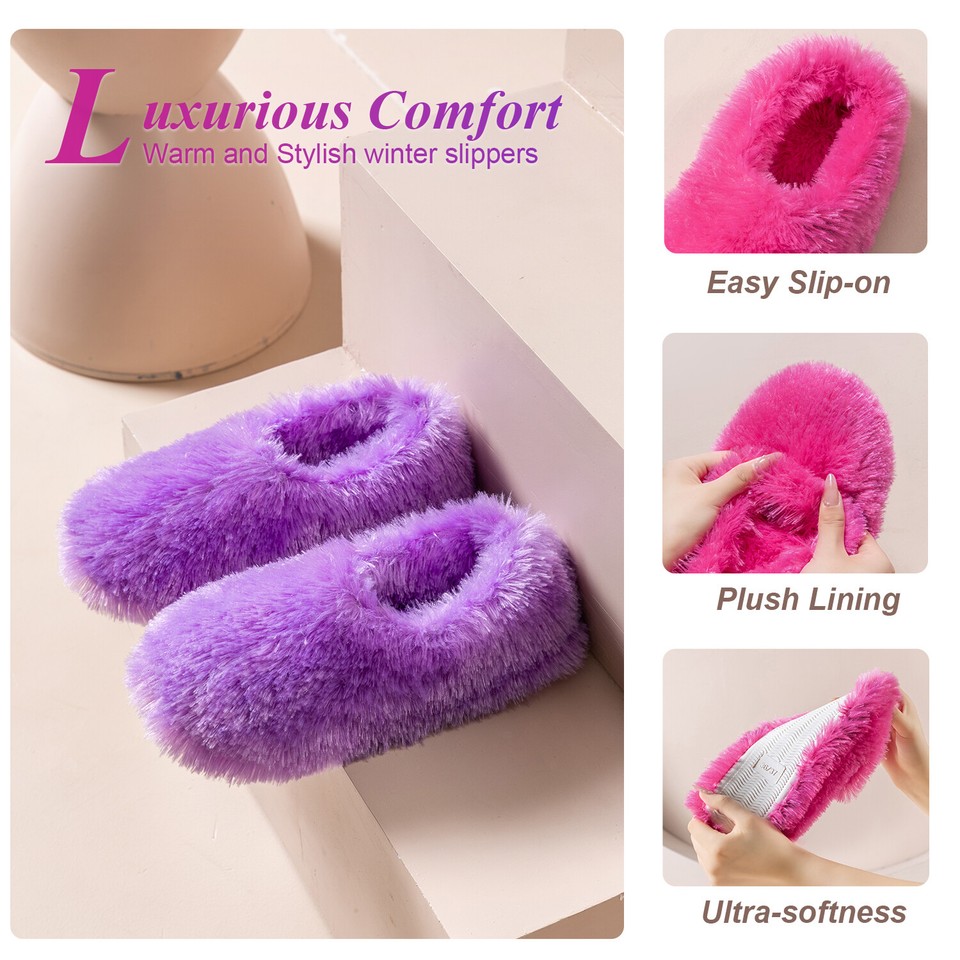 Fuzzy Winter Indoor Slippers for Women, Plush Warm Moccasin Slippers ...