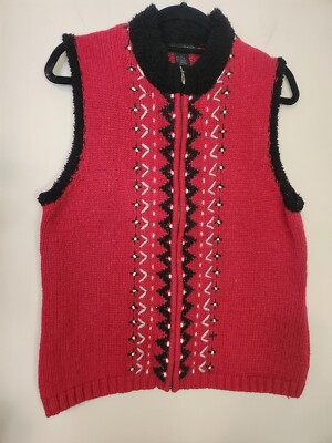 Nomadic Traders Sweater Vest Womens L Red Full Zip Angora Blend Black ...