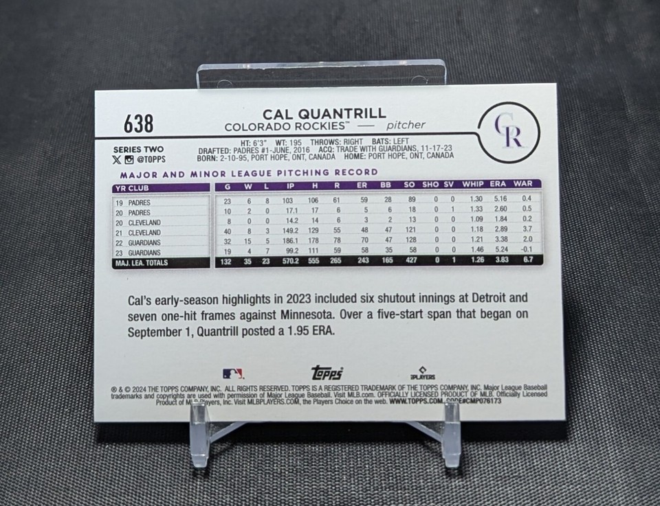 Cal Quantrill YELLOW 2024 Topps Series 2 Baseball Card #638 Colorado ...