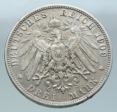 1909 GERMANY German States BAVARIA King OTTO Silver 3 Mark Coin w EAGLE ...