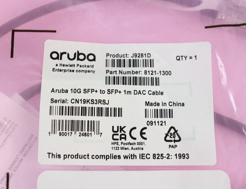 NEW OEM HP Aruba Networks 10G SFP+ Direct Attach Copper Cable 1m J9281D ...