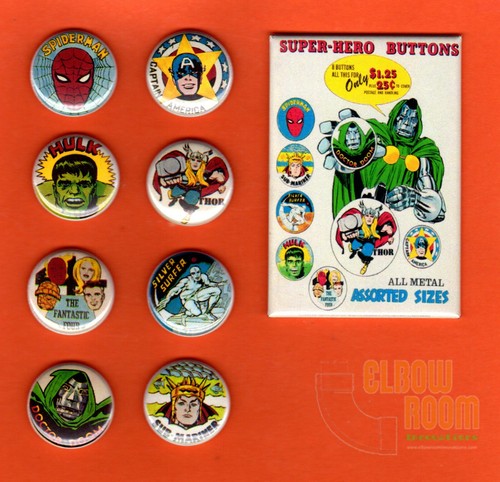 Set of 8 1" 60's vintage look Marvel Mania inspired pins/buttons & 2x3 ...