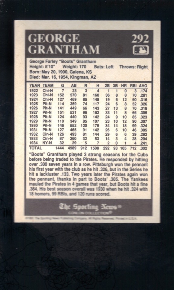 1991 SPORTING NEWS BASEBALL CARD GEORGE GRANTHAM #292 NM-MT CONLON ...