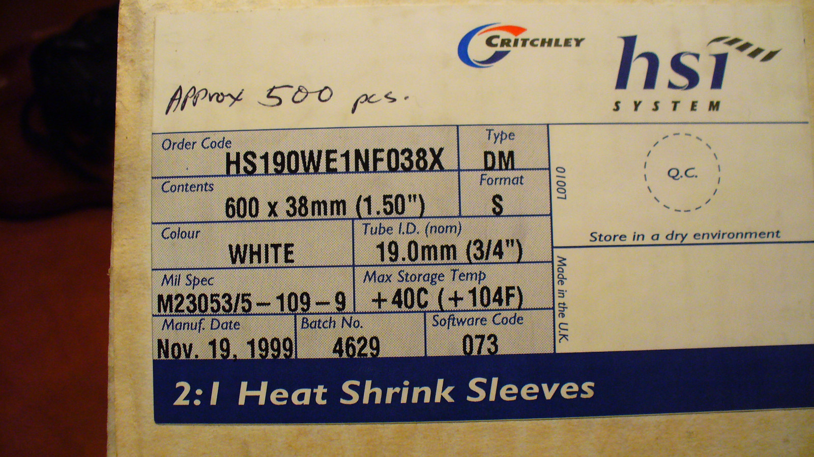 HS190WE1NF038X - CRITCHLEY HSI HEAT SHRINK, CABLE ID SLEEVES, WHITE ...