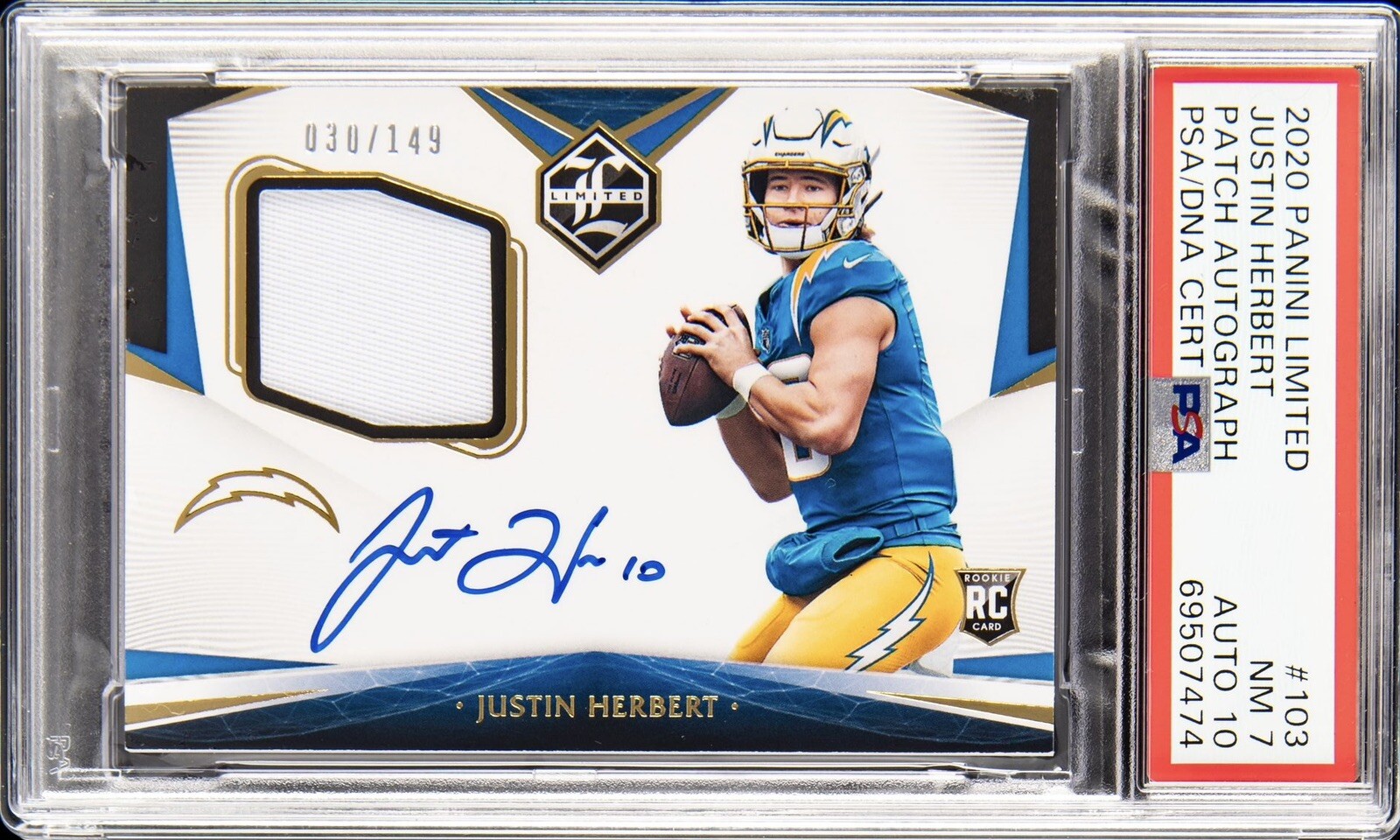 2020 Panini Limited JUSTIN HERBERT Rookie Patch Auto RPA RC /149 PSA 7/ ...