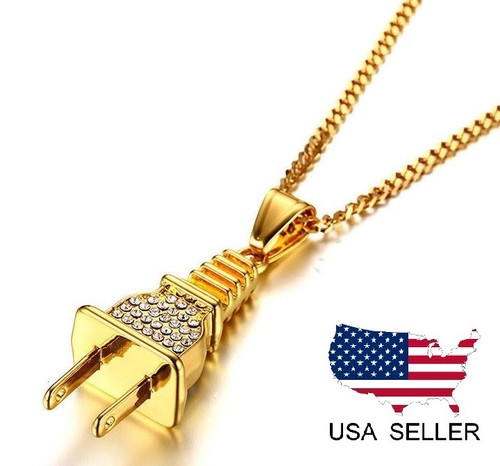 New Gold Tone Metal Plug Out Lightning Necklace Chain Rhinestone USA ...