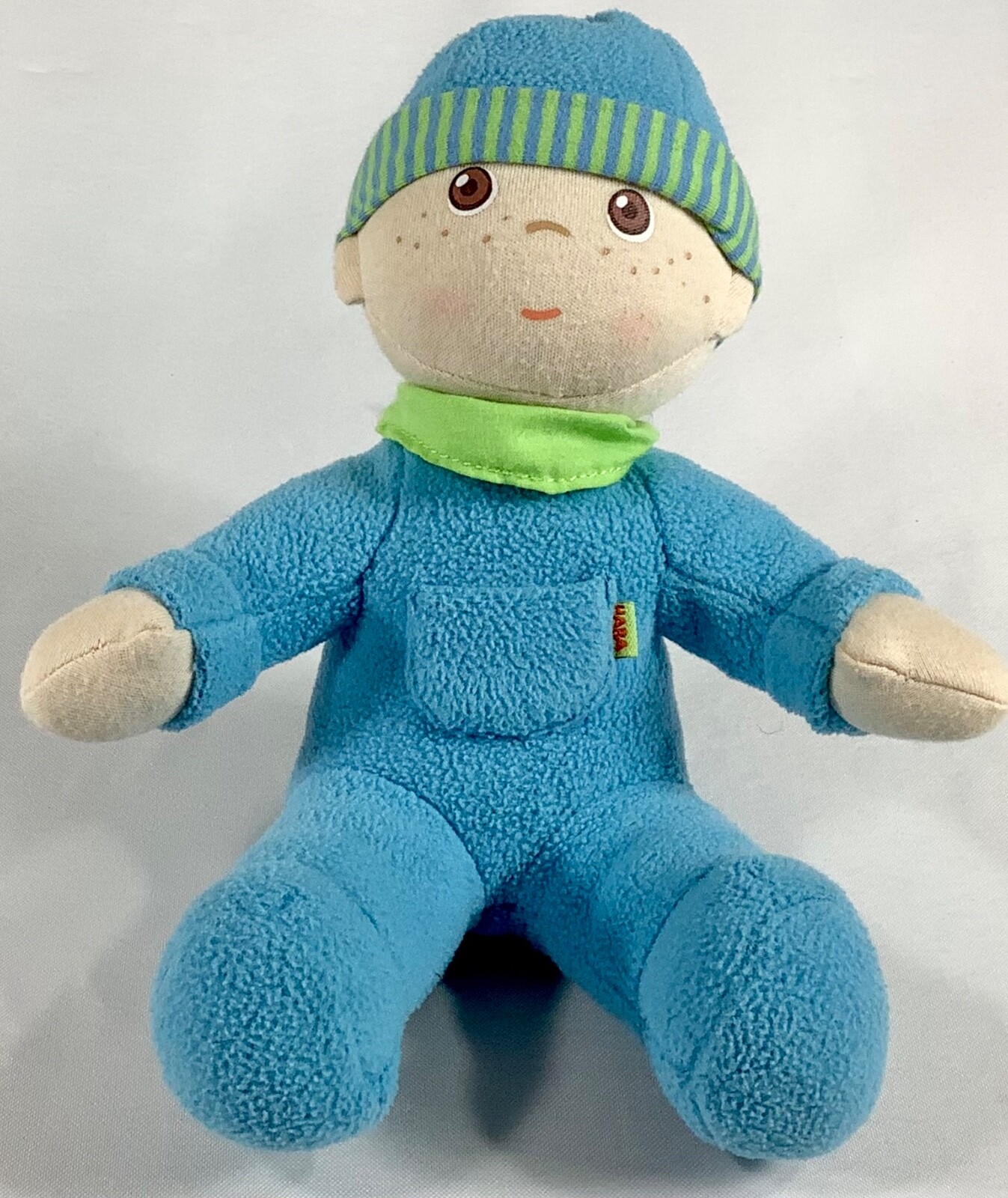 HABA German Doll Boy 9" Blue Pajamas Hat Green Scarf Stuffed Soft Baby ...