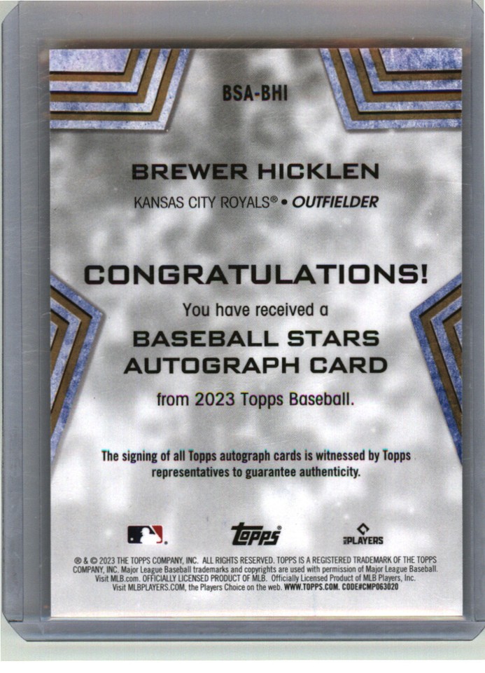 2023 Topps BSA-BHI Brewer Hicklen Baseball Stars Auto Kansas City ...