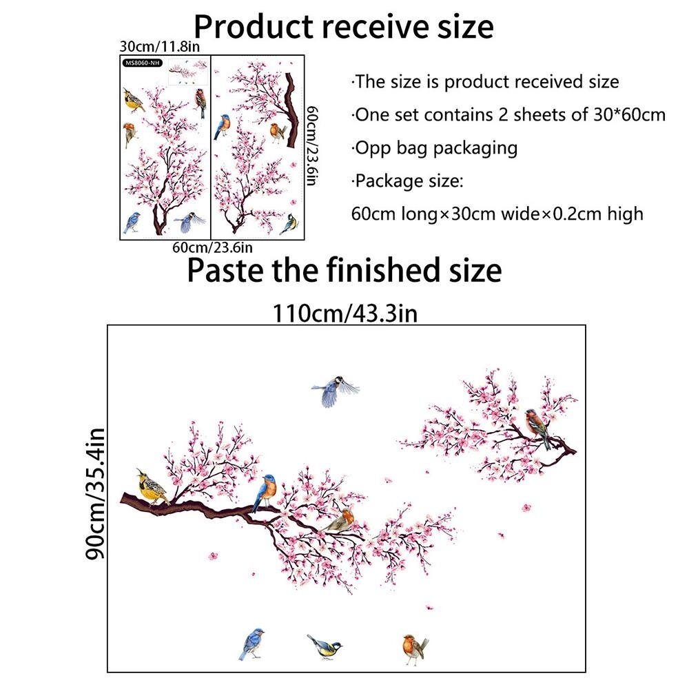 Large Cherry Blossom Branch Wall Stickers Pink Flower Bird Wall Decals ...