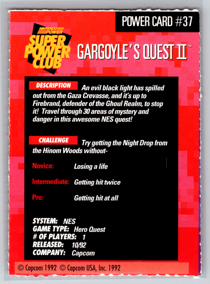 Gargoyle's Quest II 2 Nintendo Super Power Club Magazine Card #37 Perforated | eBay