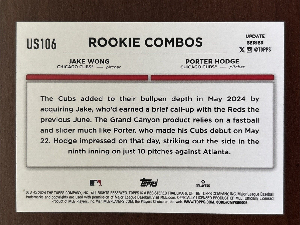 Jake Wong and Porter Hodge Chicago Cubs 2024 Topps Rookie Update Card ...