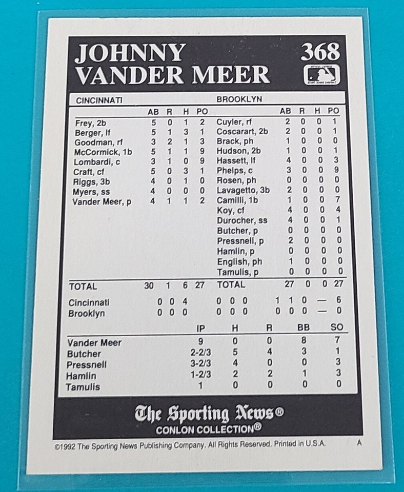 1992 Conlon Collection TSN #368 Johnny Vander Meer Cin. Reds BASEBALL ...