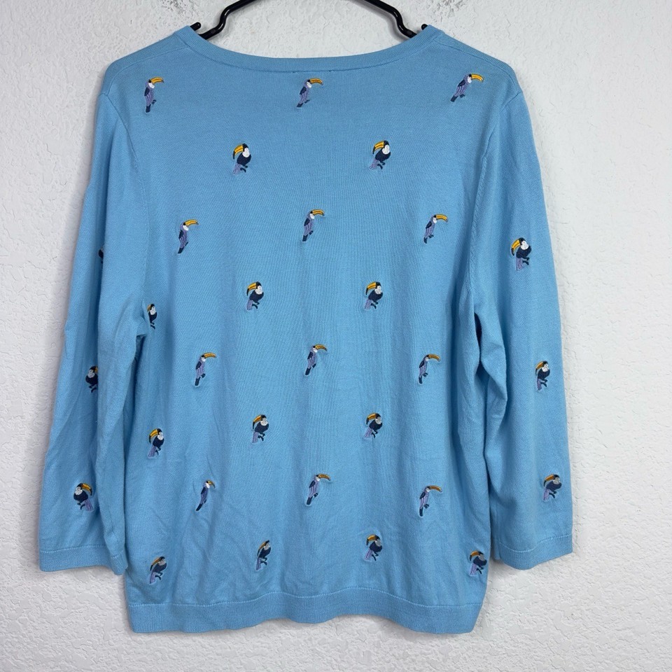 Talbots Cardigan Womens XL Blue Embroidered Toucan Bird Office Preppy ...