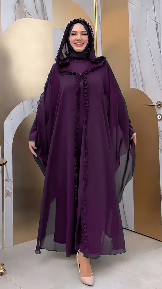 Abaya Women Chiffon Hooded Kaftan Long Dress Set Muslim Burqa Evening ...