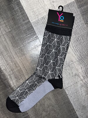 YO SOX BLACK BLACK GREY GEOMETRIC NOVELTY DESIGN CREW SOCKS MENS LARGE ...