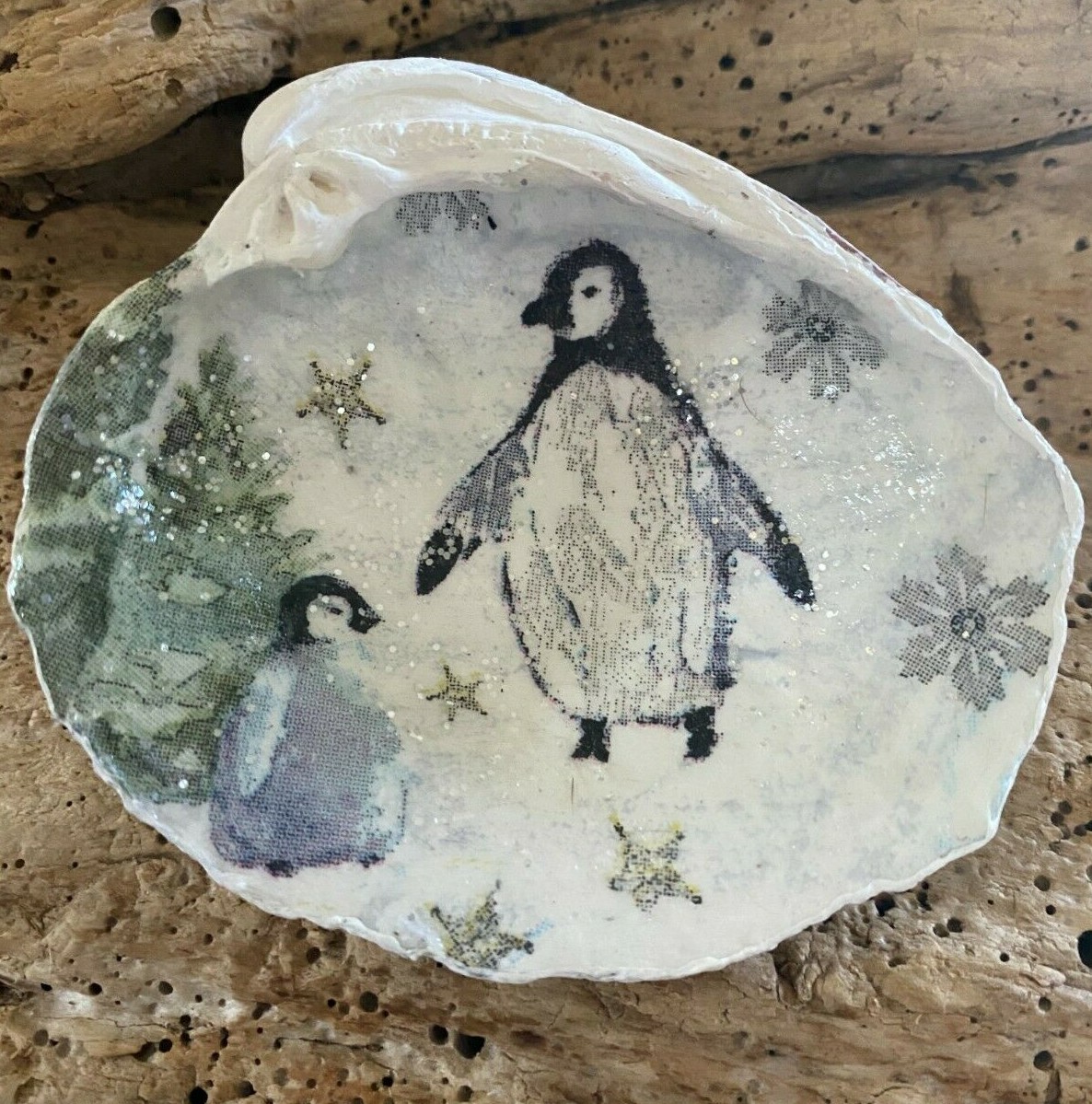 Penguin Clam Shell Jewelry/Trinket Holder, Christmas Decoupaged Unique ...