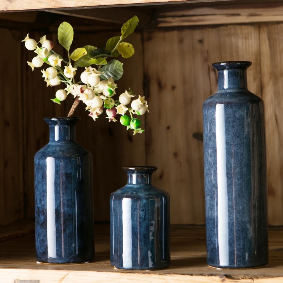 Blue Ceramic Vase Set of 3 Small Vases, Modern Farmhouse for Home Decor ...