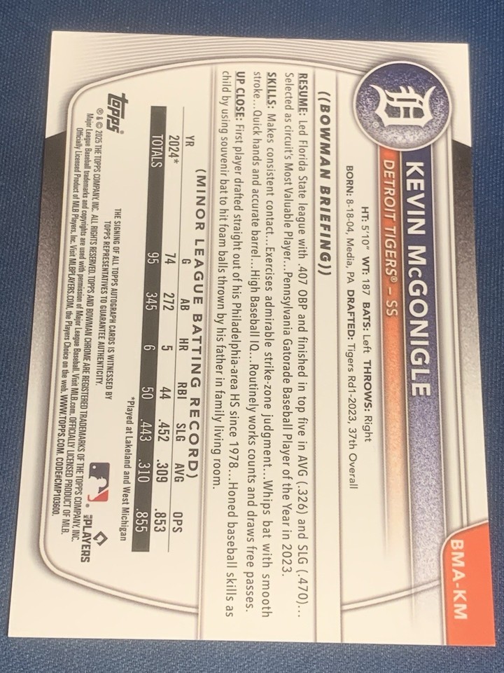 2025 Bowman Chrome Kevin McGonigle Blue Mojo Autograph Auto /150 Tigers ...