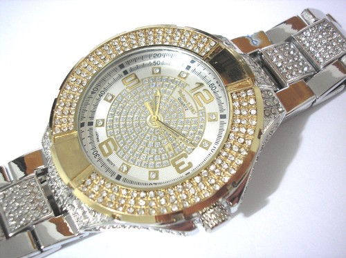 Silver Gold Metal Big Case Techno King Men's Watch w Crystals Item 3400 ...