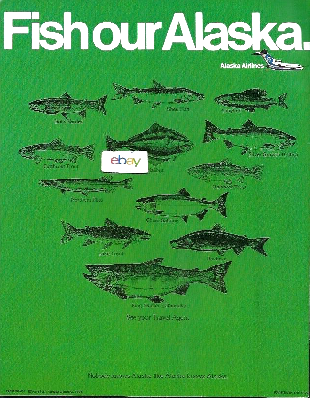 ALASKA AIRLINES 1976 727-100 FISH OUR ALASKA FISH CHART TROUT-SALMON ...