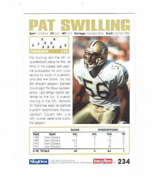 Pat Swilling New Orleans Saints #56 Linebacker #234 Skybox 1992 ...