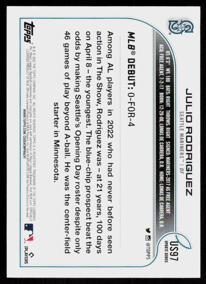 2022 Topps Update Julio Rodriguez #US97 BASEBALL Rookie Seattle ...