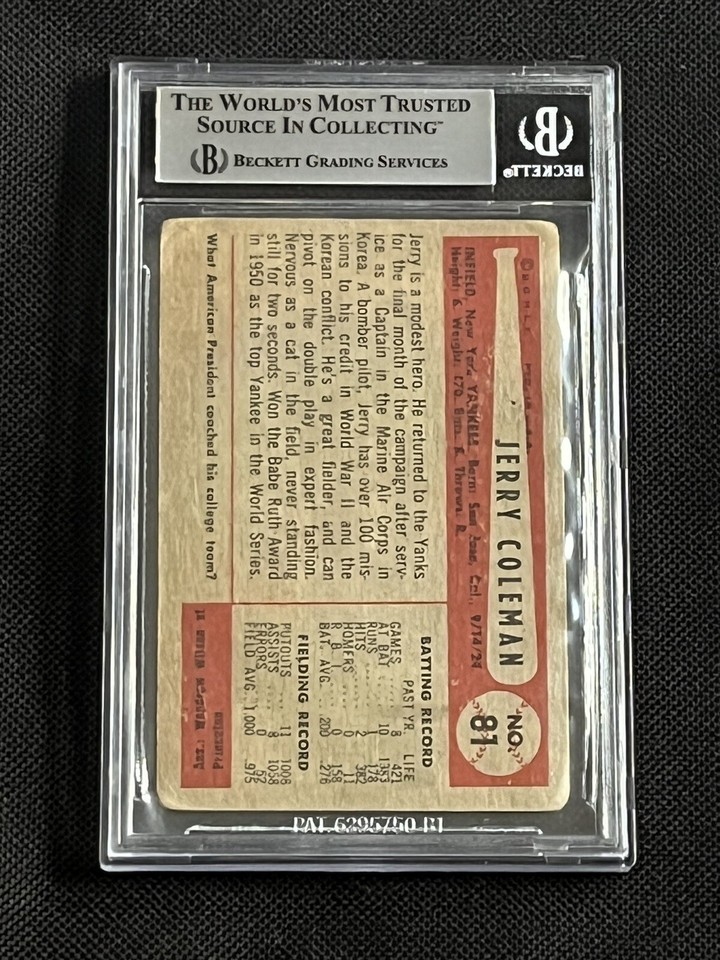 JERRY COLEMAN 1954 BOWMAN SIGNED AUTOGRAPHED CARD YANKEES BECKETT BAS ...