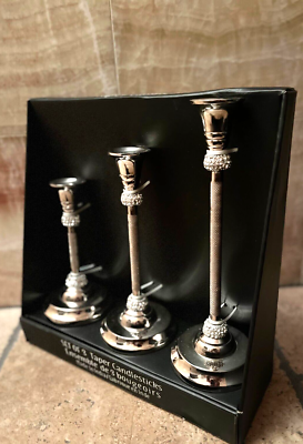 NEW SET of 3 SPARKLING RHINESTONES EMBELLISHED SILVERPLATE CANDLESTICKS ...