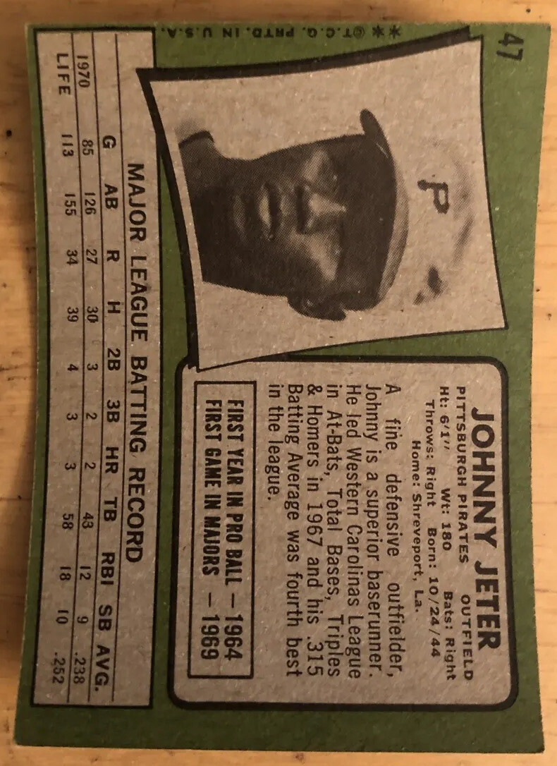 1971 Topps Johnny Jeter Baseball Card #47 Pirates Outfield Low-To-Mid ...