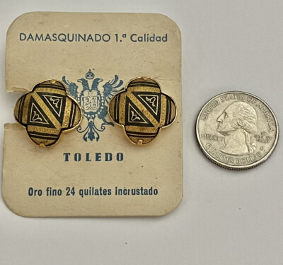 Vintage Damascene Toledo Gold Spain Moorish Pattern Clip Earrings Mint ...