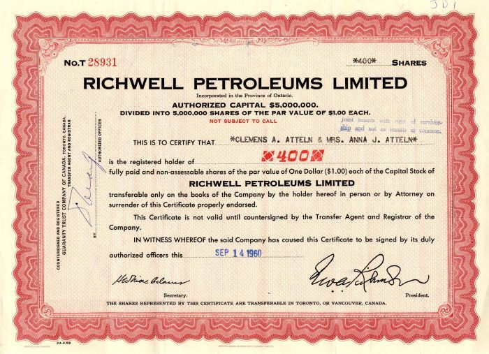 Richwell Petroleums Limited - Canadian Oil Stock Certificate - Oil ...