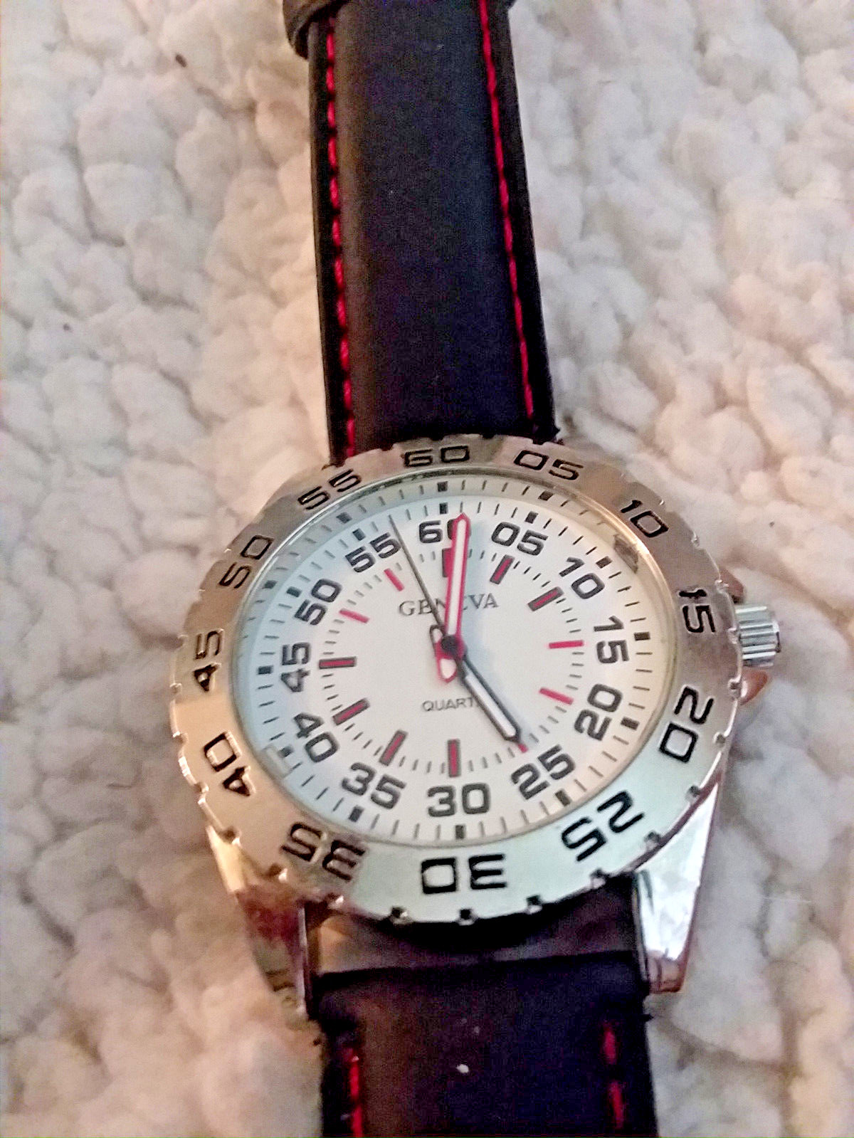 Geneva Men's Leather Black w/Red Stitching Strap Watch SR626 | eBay