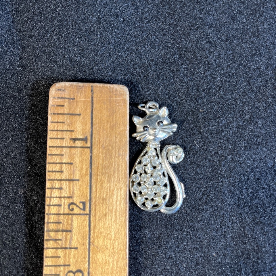 Rhinestone Cat Pendant Silver Tone Fashion Jewelry Playful Kitty ...