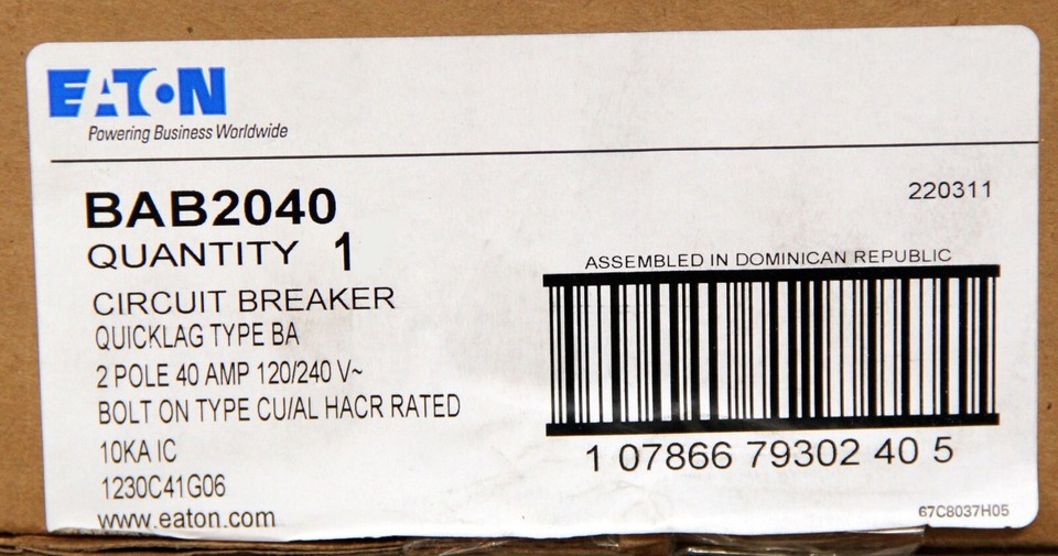 EATON QUIKLAG BAB2040 CUTLER HAMMER DOUBLE 40AMP 240V BOLT ON CIRCUIT ...