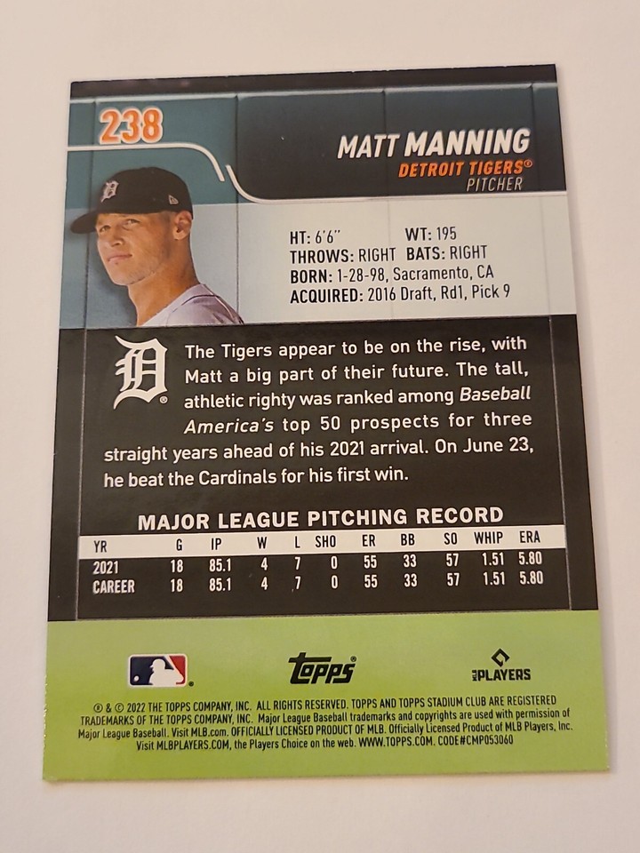 2022 Matt Manning Topps Stadium Club #238 Rookie Rc | eBay