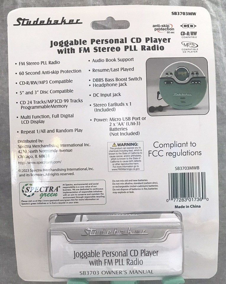 Studebaker SB3703MW Joggable Personal CD Player (Mint Green/White) [New ...