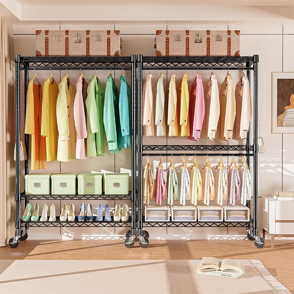 Heavy Duty Rolling Garment Rack 3 Tier Adjustable Wire Shelving Clothes ...