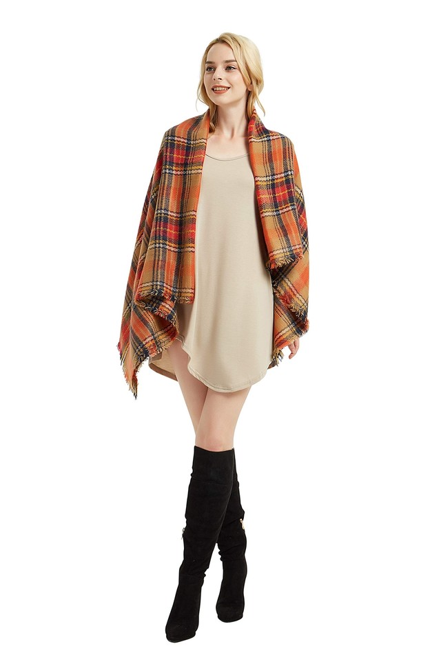 Women's Plaid Blanket Fall Winter Scarf Wrap Oversized Shawl Orange for ...