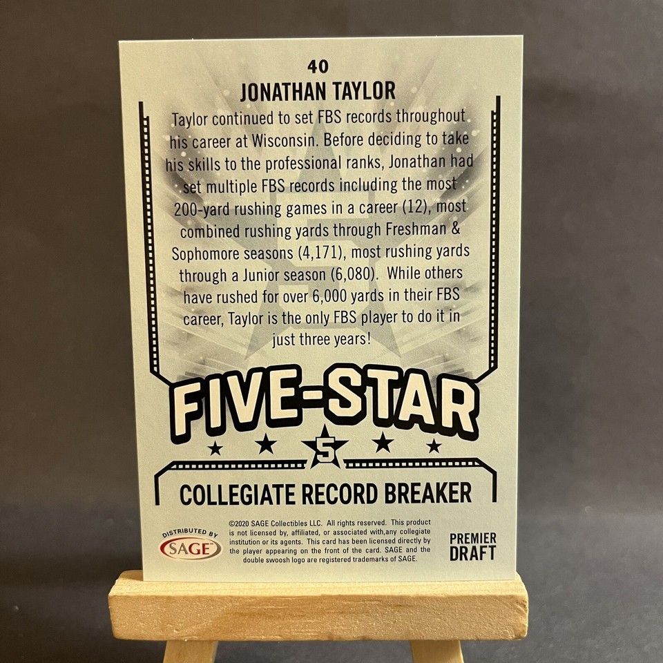 Jonathan Taylor "Five Star Record Breaker" Rookie Sage HIT Premier ...