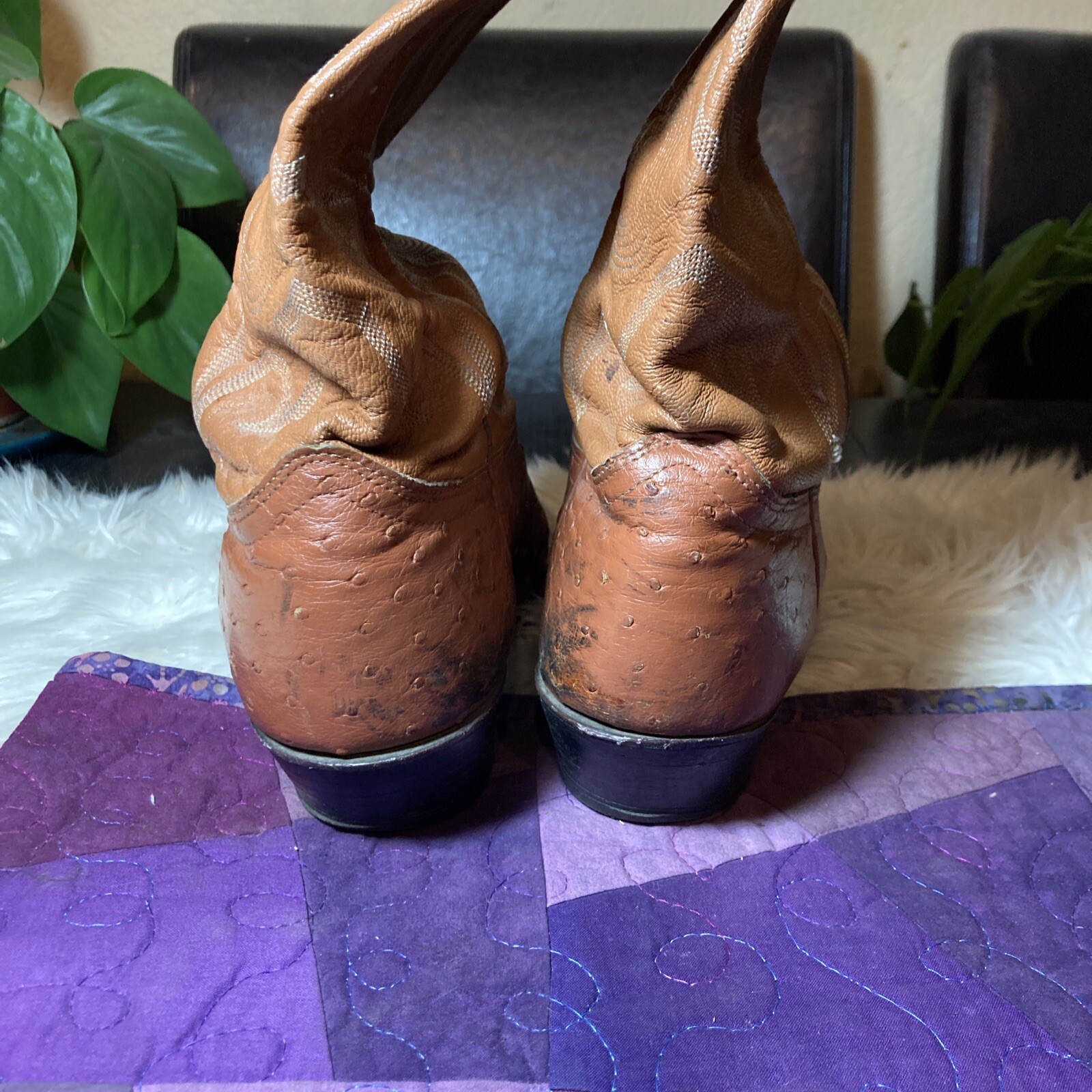 VINTAGE J. CHISHOLM OSTRICH QUILL COWBOY BOOTS TAN ME… - Gem